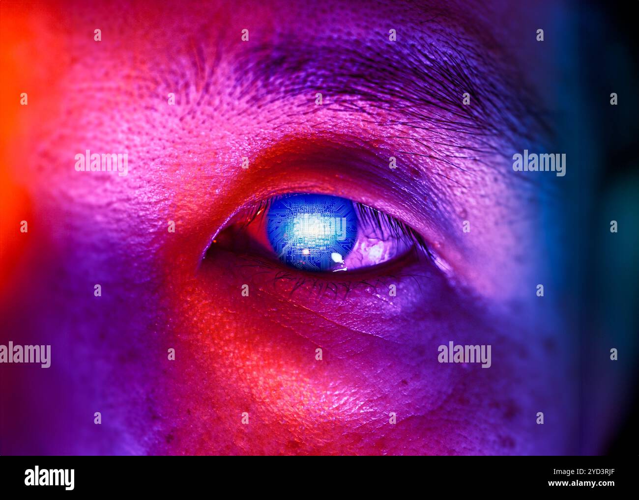 closeup chinese man colorful light digital computer circuit board ...