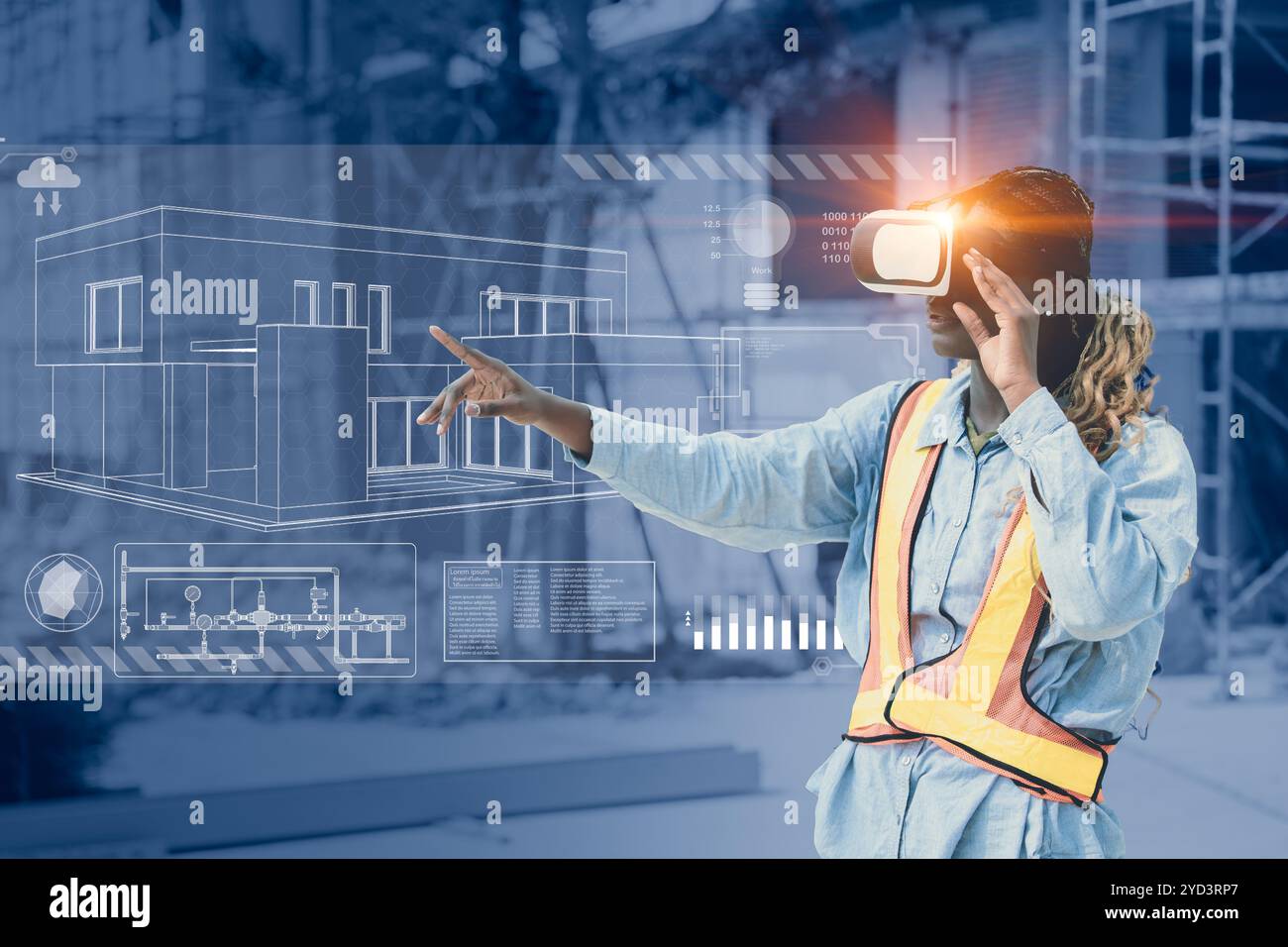 Futuristic Builder Architect Engineer Wearing Augmented Reality Headset and Using Gestures to ...