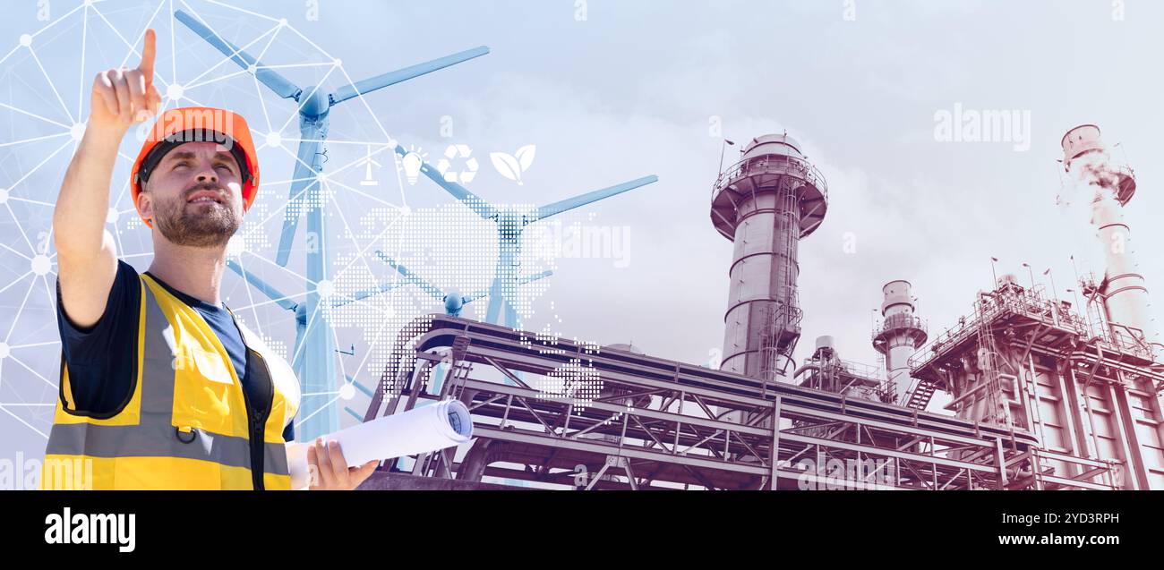 engineer man standing against gas petrolium power plant wind turbine ...