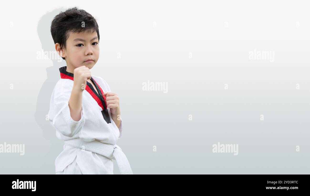 Taekwondo kid kick boxing, Boy fighter fighting stand isolated with ...