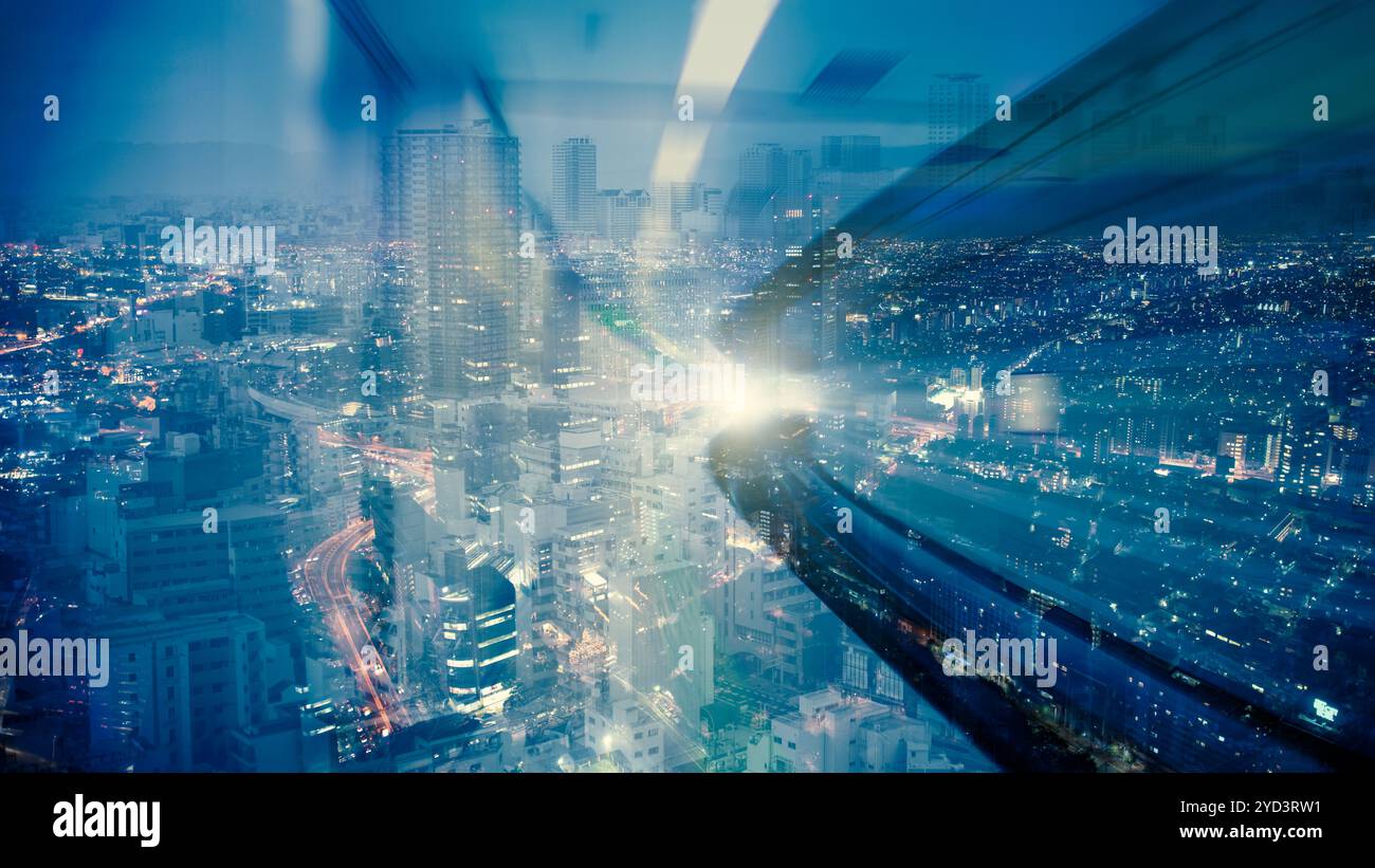 Futuristic fast metro development concept, city night overlay high ...