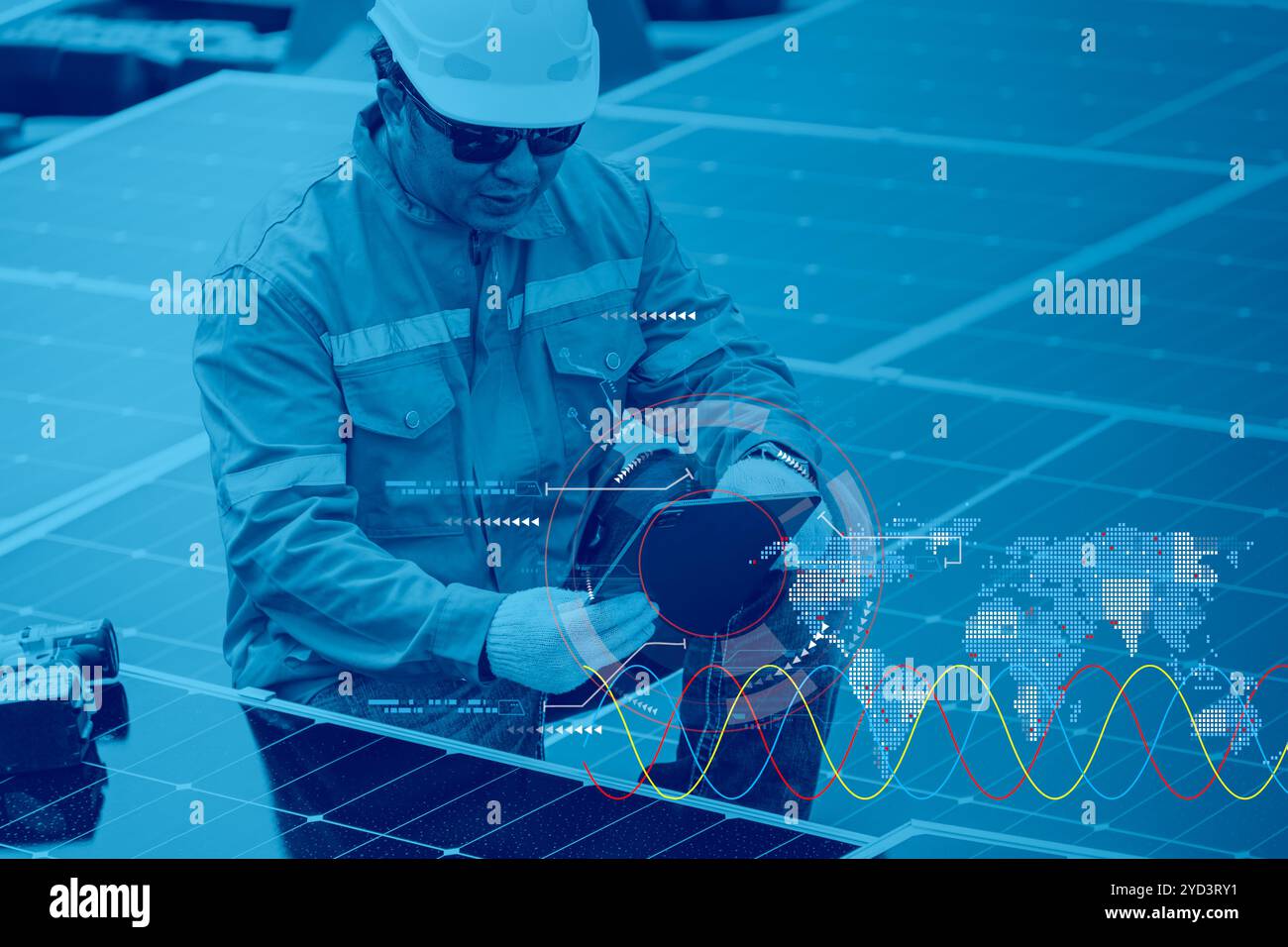 Engineer working with solar panel photovoltaic energy system overlay ...