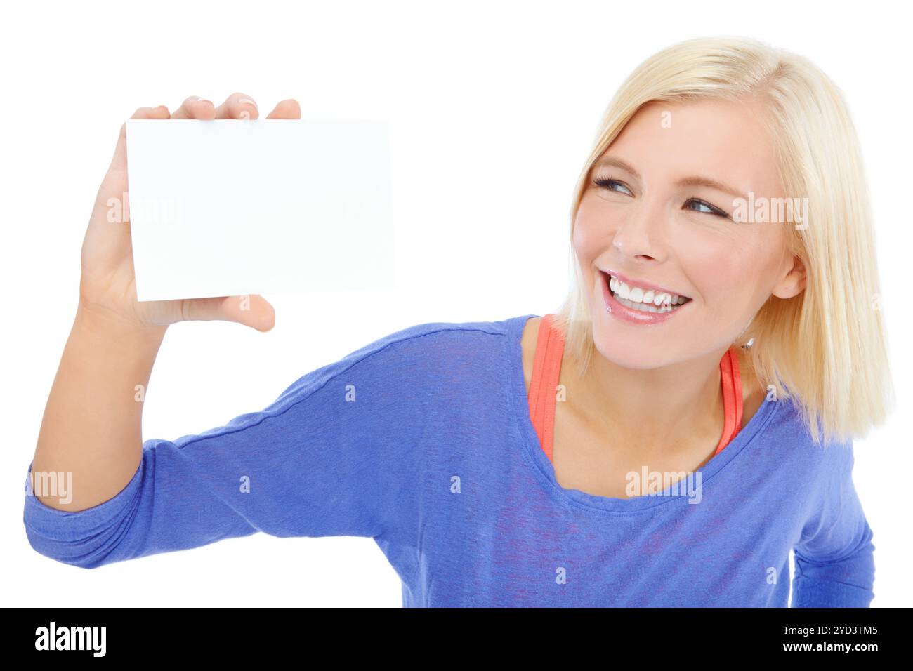 Studio, smile and woman with blank card, info and deal promotion for ...