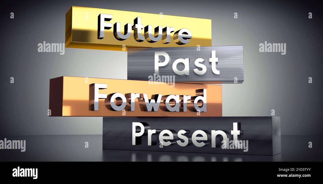 Future, past, forward, present - words on metal blocks - 3D ...