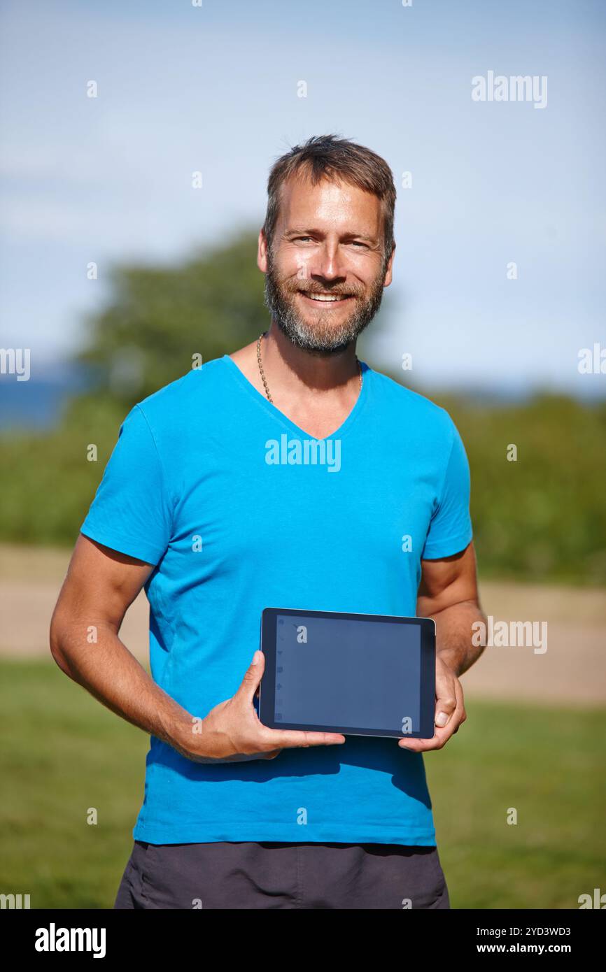 Portrait, outdoor and man with fitness, tablet screen and showing with ...