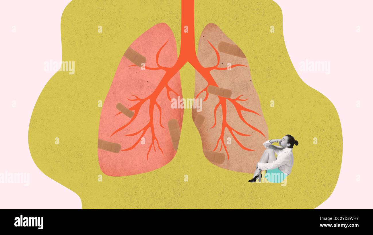 Contemporary art collage. Illustration of lungs with bandages ...