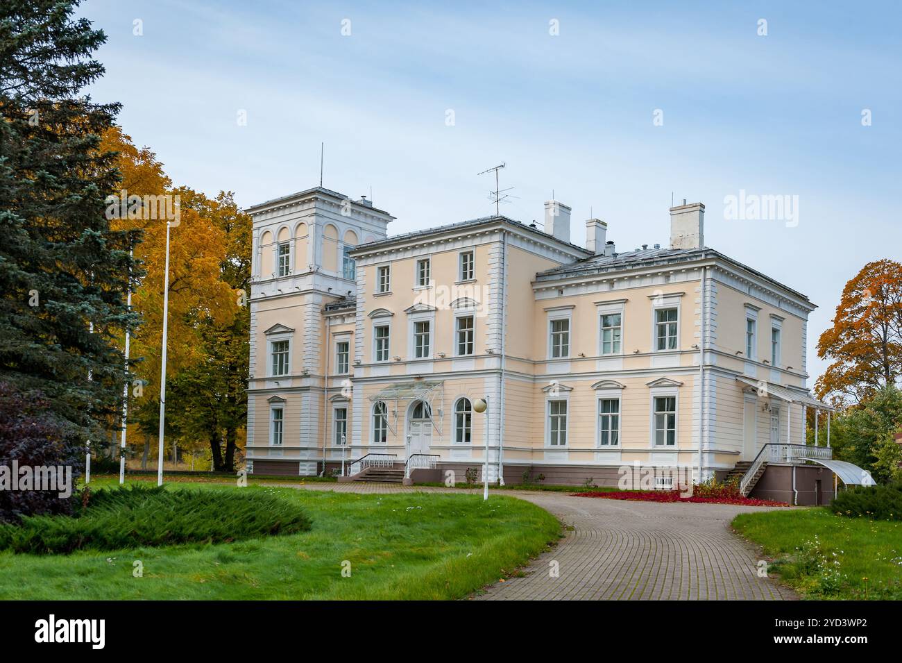 Neo-Renaissance-style palace Igate, Latvia. Autumn landscape with ...