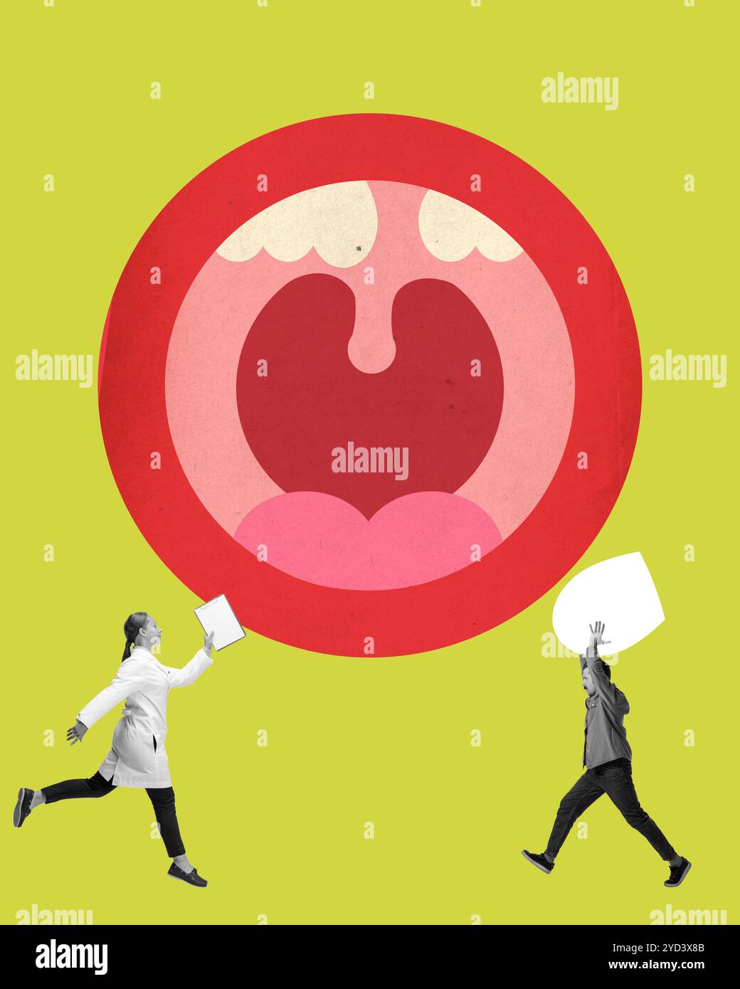 Contemporary art collage. Doctor running towards throat illustration ...