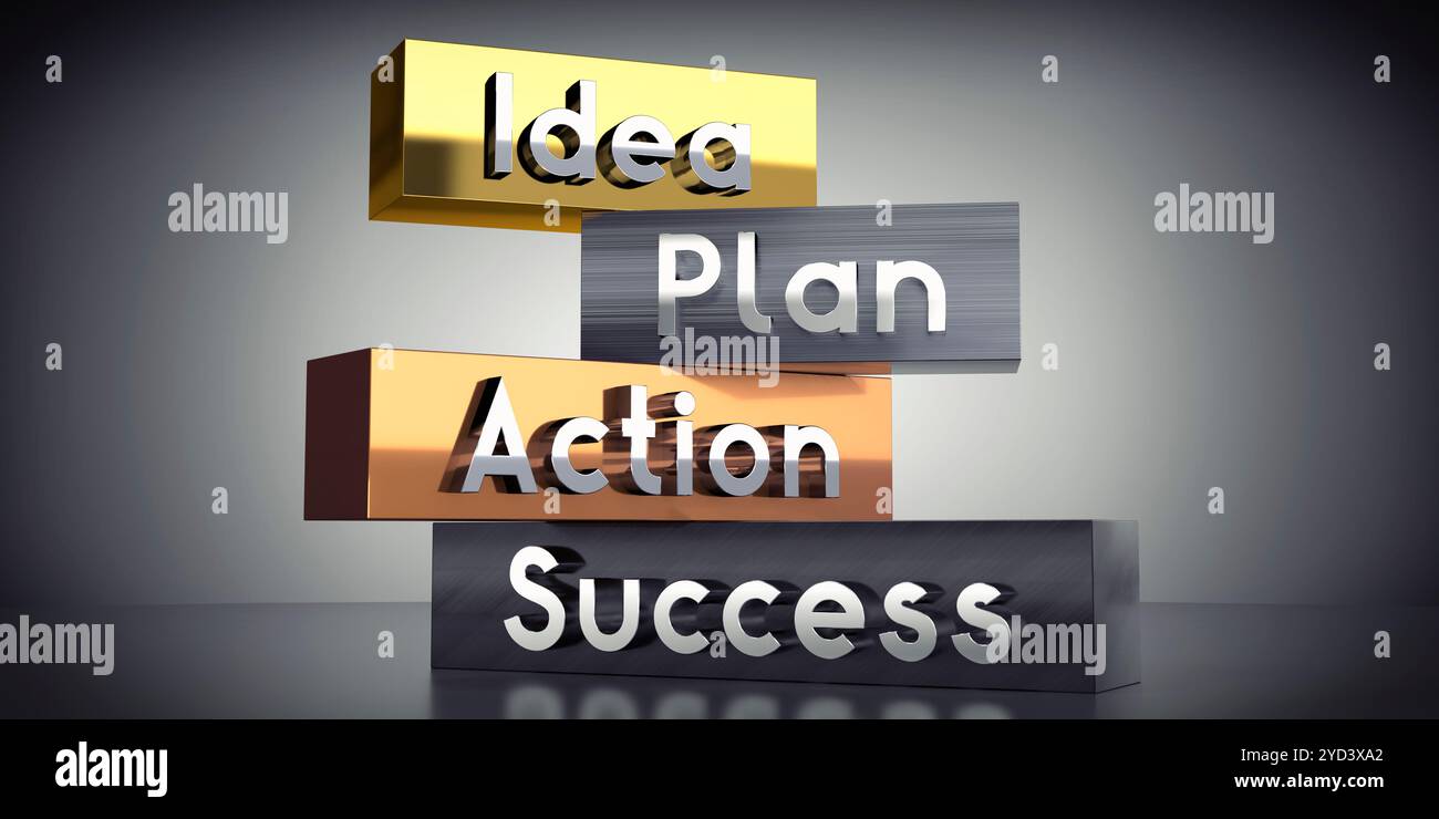 Idea, plan, action, success - words on metal blocks - 3D illustration ...