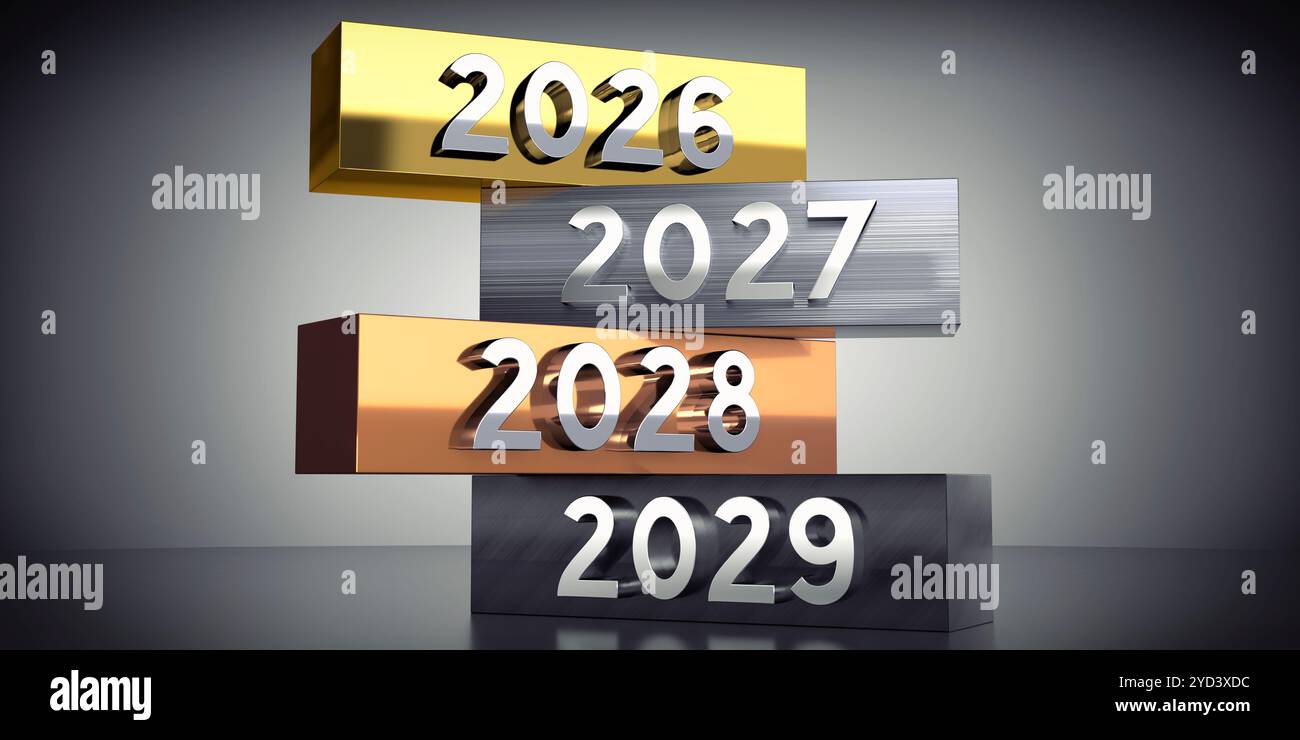 2026, 2027, 2028, 2029 - words on metal blocks - 3D illustration Stock ...