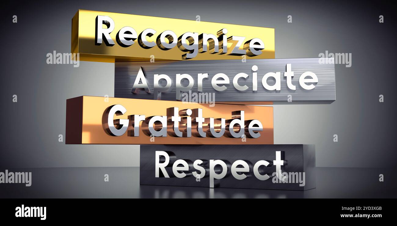 Recognize, appreciate, gratitude, respect - words on metal blocks - 3D ...