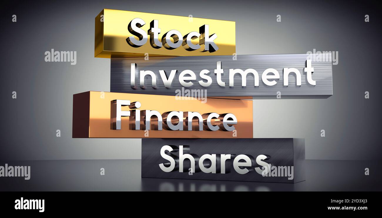 Stock, investment, finance, shares - words on metal blocks - 3D ...
