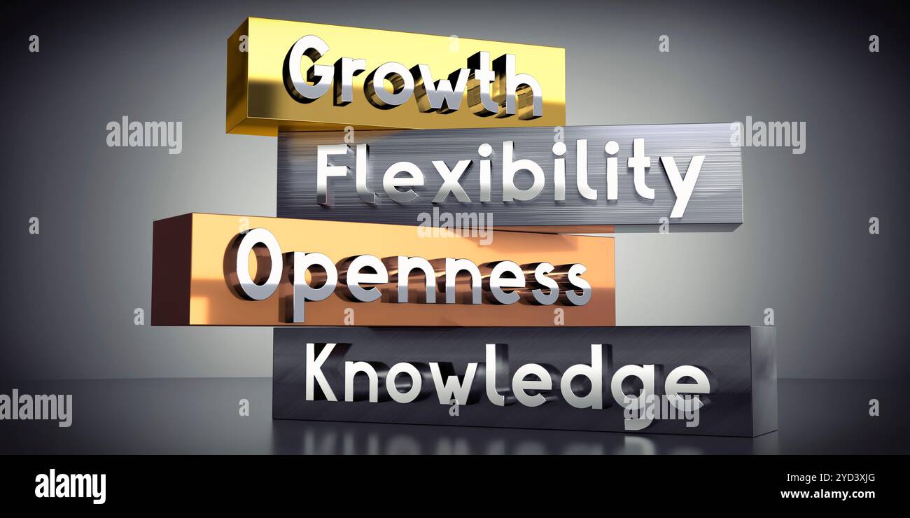 Growth, flexibility, openness, knowledge - words on metal blocks - 3D ...