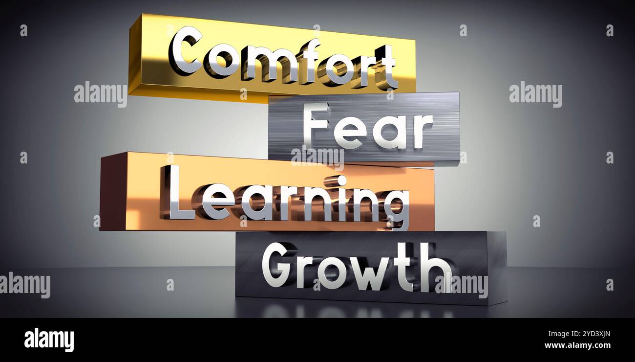 Comfort, fear, learning, growth - words on metal blocks - 3D ...
