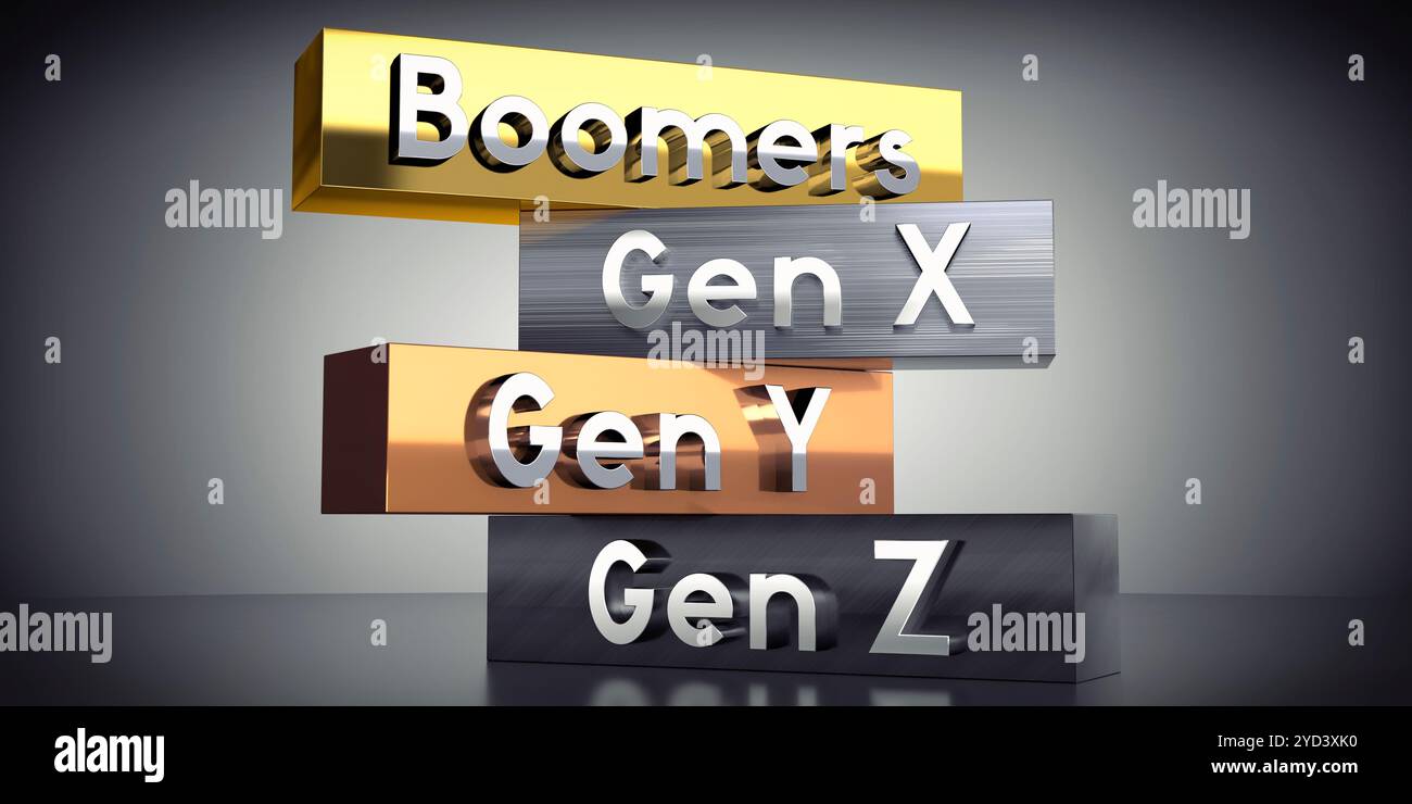 Boomers, Gen X, Gen Y, Gen Z - words on metal blocks - 3D illustration ...