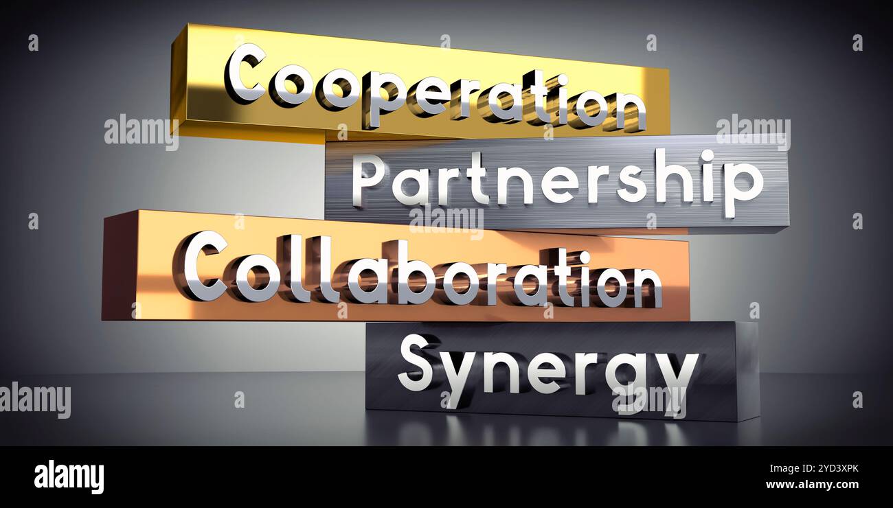 Cooperation, partnership, collaboration, synergy - words on metal ...