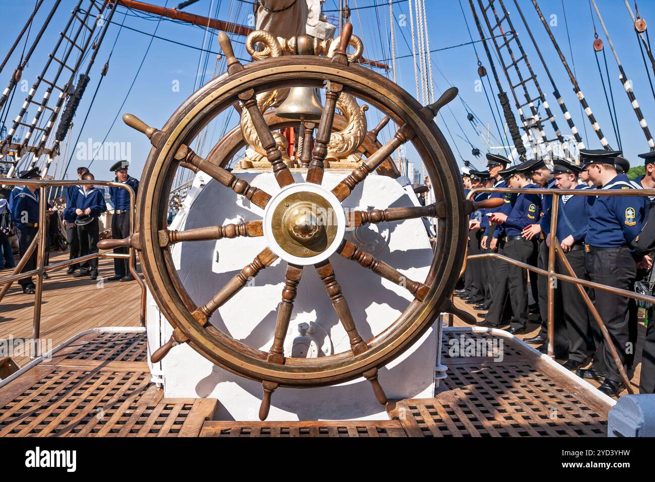 Sailing vessel Kruzenshtern wooden ship wheel. Built in 1926 in Germany ...