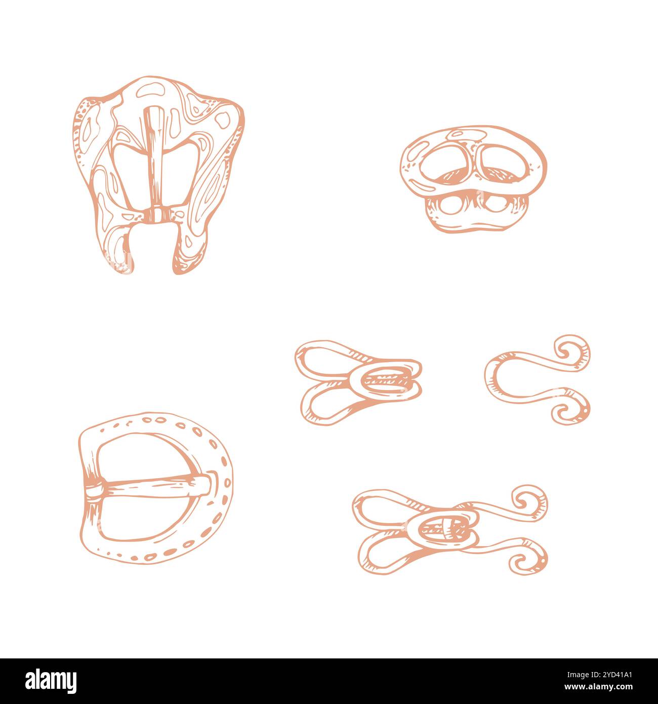 Clothing fasteners, hook and eye, buckles, clasp. Hand drawn ink vector illustration sewing ...