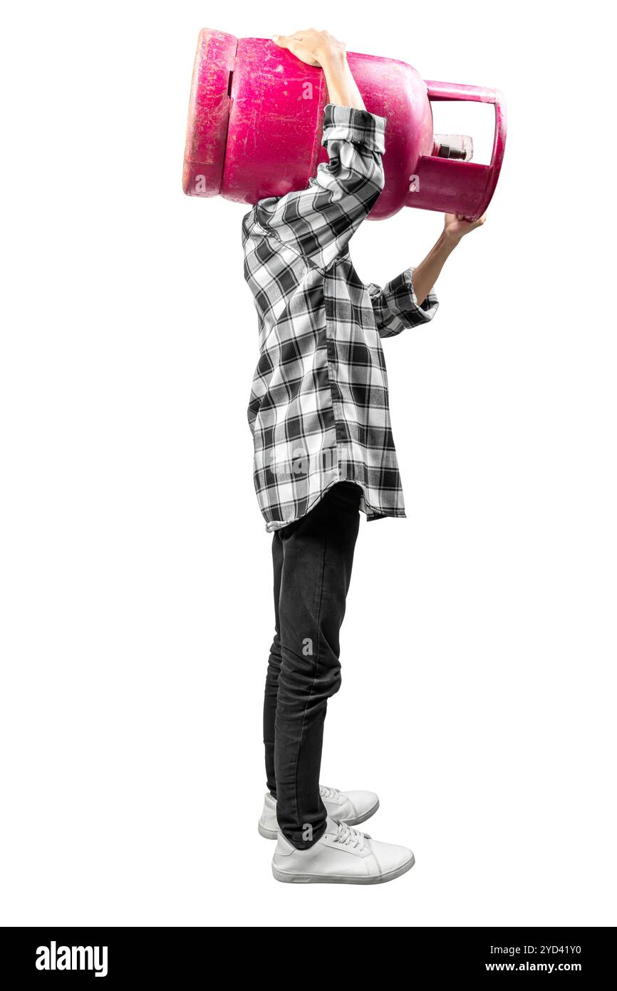 Man is carrying a pink gas cylinder on his shoulder isolated over a ...