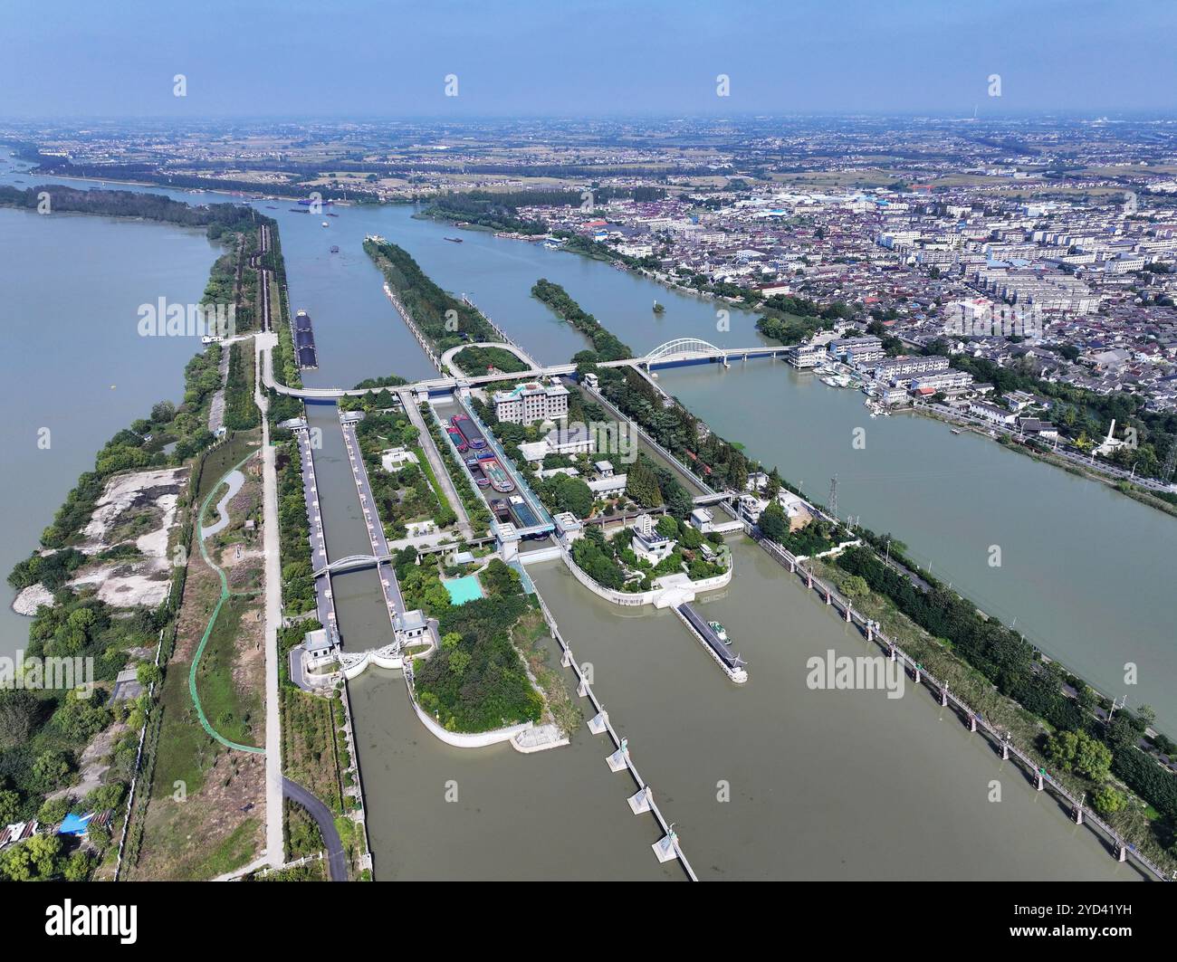 Aerial photo shows cargo ships sailing in the Grand Canal in Yangzhou ...