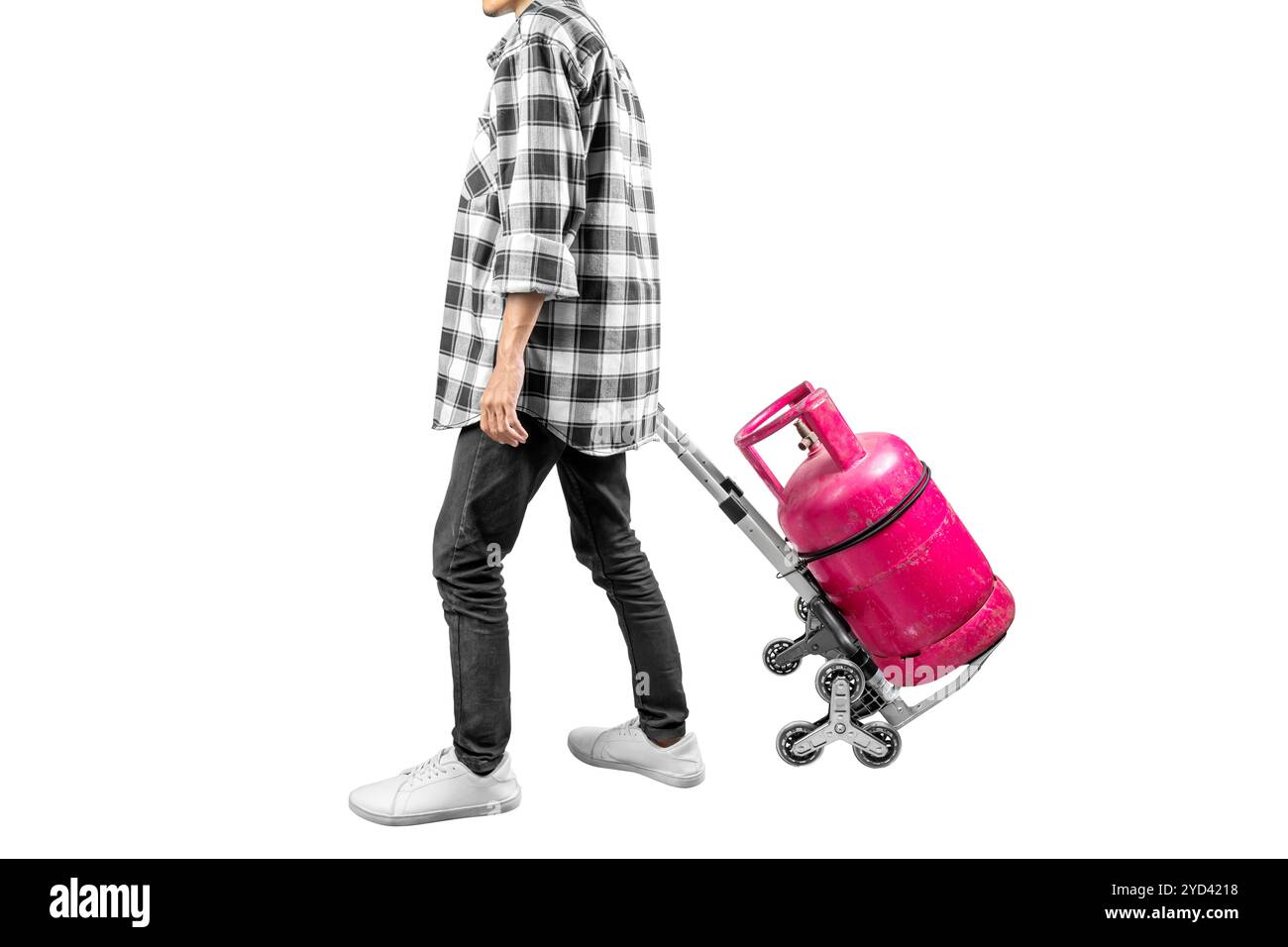 Rear view of man is carrying a pink gas cylinder on cart isolated over ...