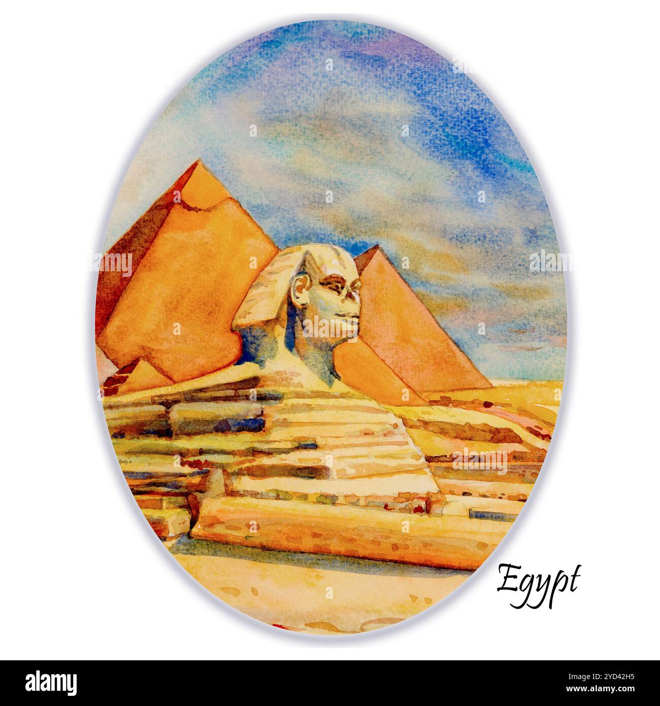 Hand drawn watercolor painting landscape on paper. The Great pyramid ...