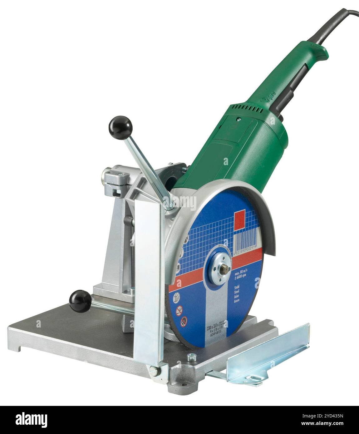 Cut off grinder with abrasive disk mounted on stand, isolated on a ...