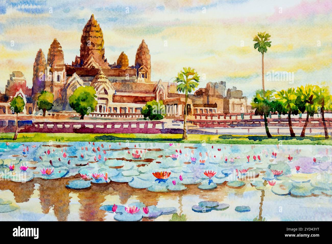 Angkor Wat Temple, Cambodia, Southeast Asia. Watercolor painting ...
