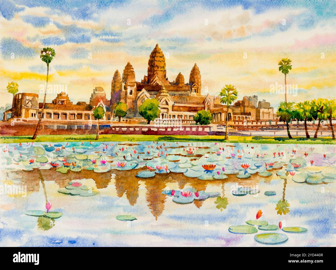 Angkor Wat Temple, Cambodia, Southeast Asia. Watercolor painting ...