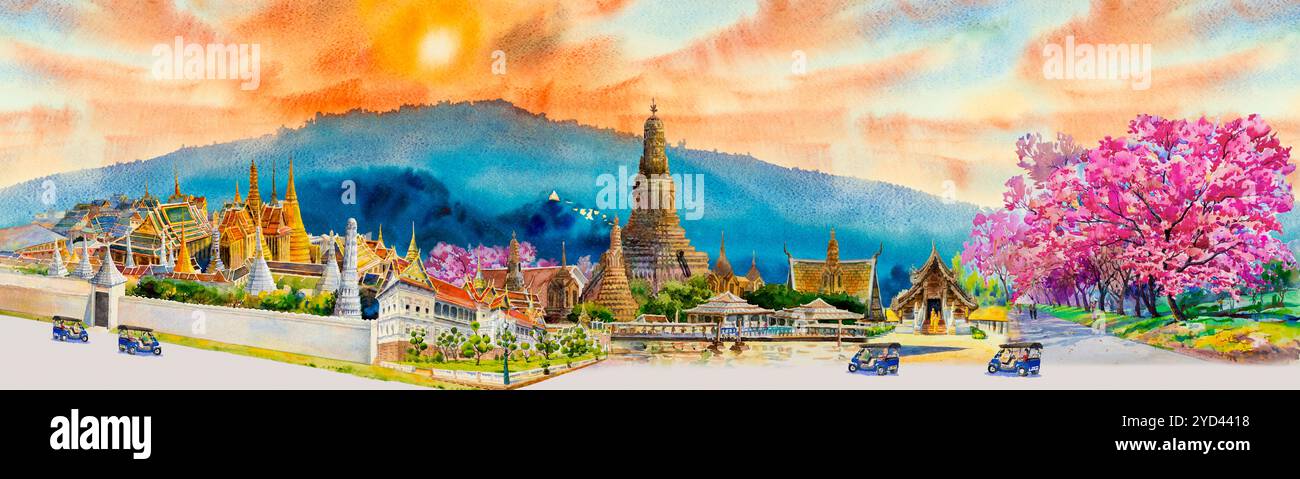 Panorama view famous landmarks in Thailand. Watercolor painting ...