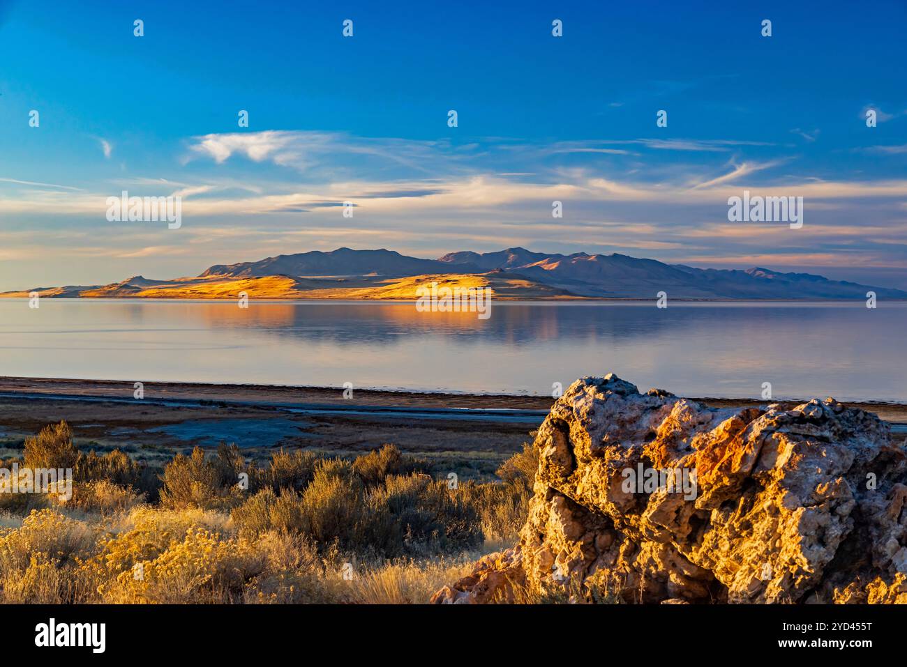 A view of the Great Salt Lake and Fremont Island with the Promontory ...