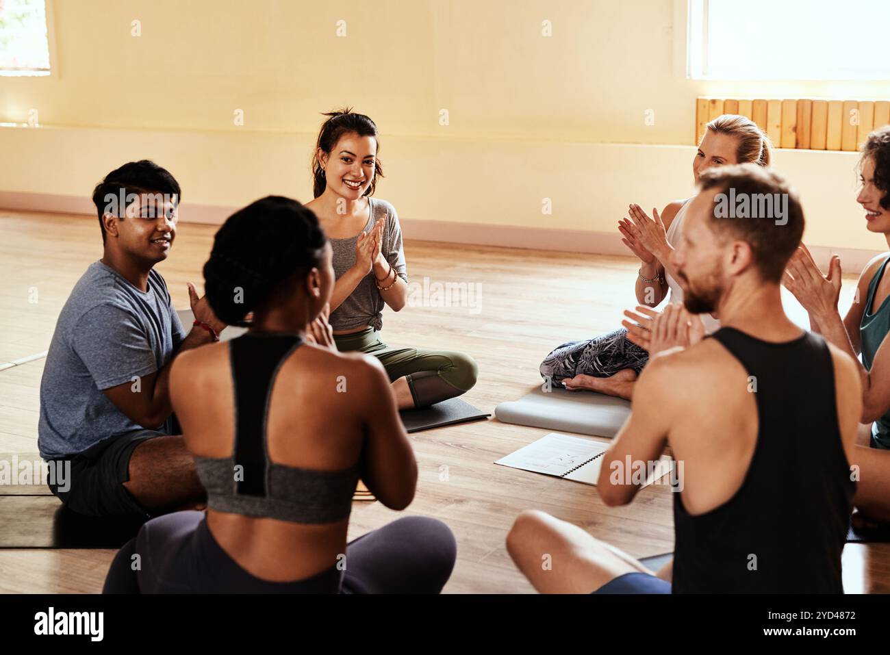 Fitness, group and people with applause for celebration, achievement ...