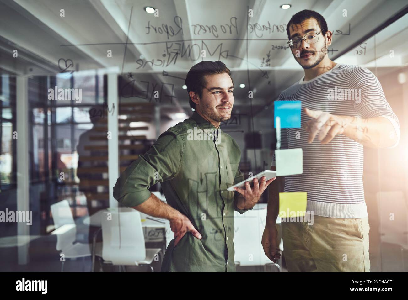 Sticky note, planning and teamwork with business people in office for ...