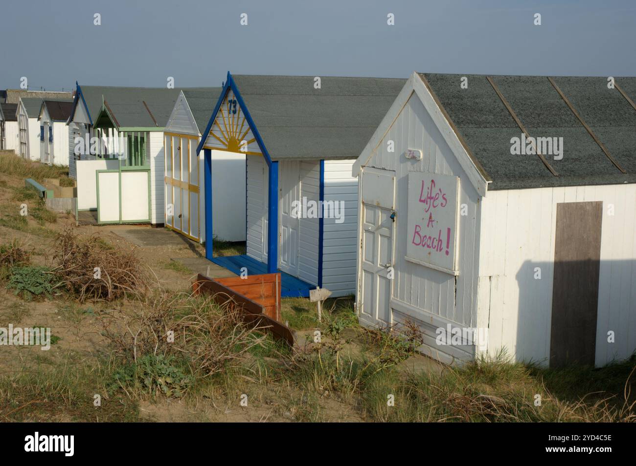 Beach huts at Heacham in Norfolk, with one named "Life's a Beach Stock ...