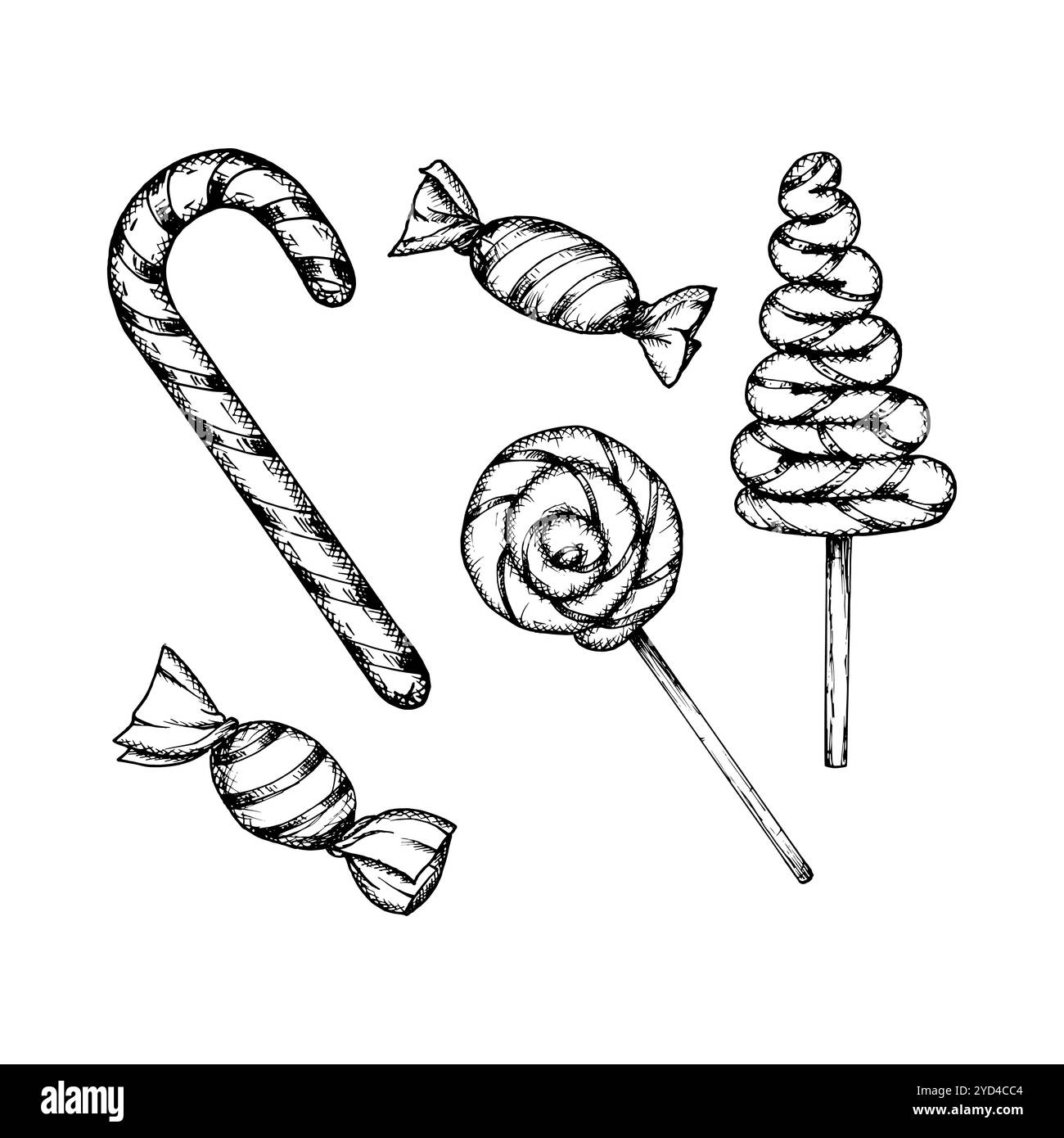Hand drawn set of vector illustrations of lollipops and candy canes ...