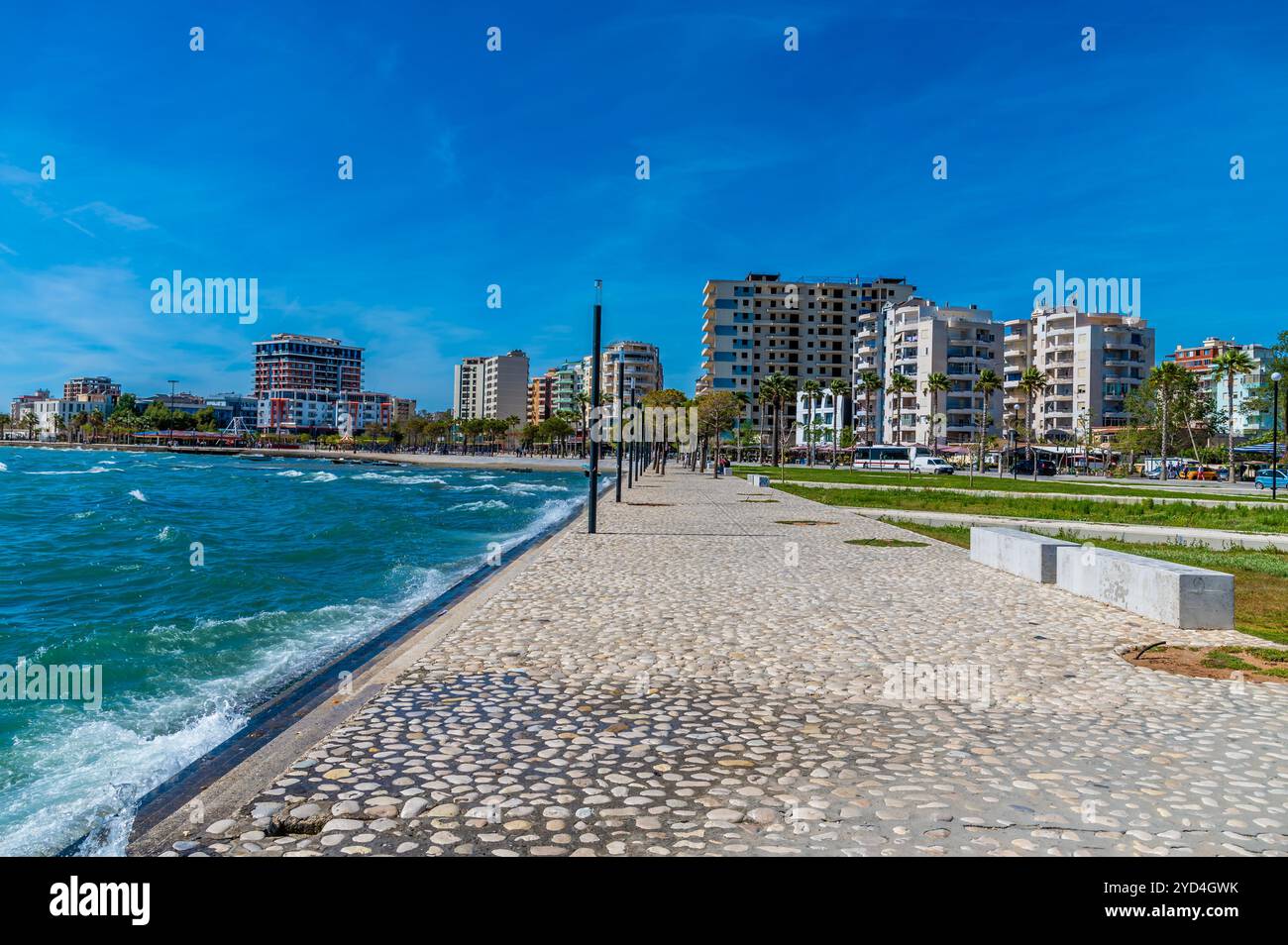 A view along the promenade on the seafront at Vlore in Albania in ...