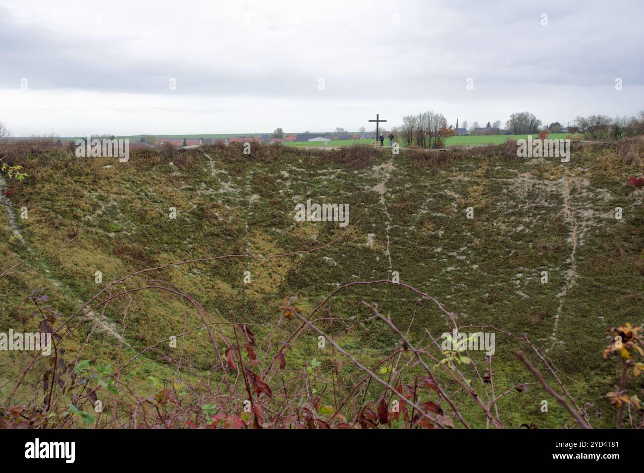 Memorial cross on the rim of the Lochnagar Crater, caused by the ...