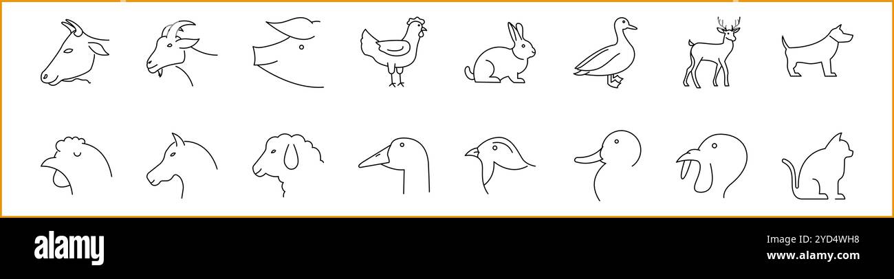 Farm Animal And Hunting Icon Set In Line Style. Farm Animal Icons ...