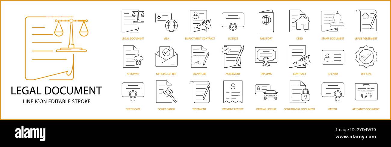 Legal Document icon Set in line Style. Legal Doccument Icons. Vector ...