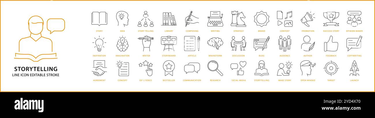 Story Telling Icon Set In Line Style. Containing author, creativity ...