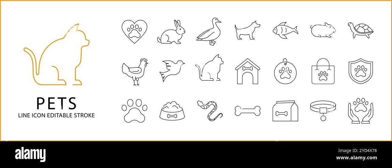 Pets Icon Set In Line Style. Containing bowl, cats, hamster, adopt ...