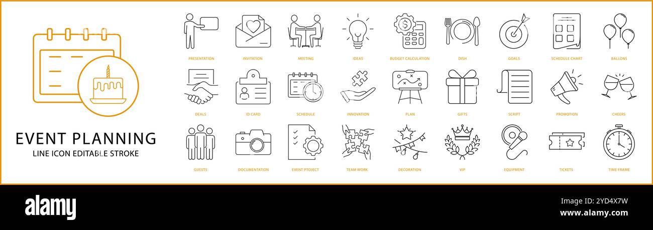 Event Planning icon set in line style. Event Planning icons. Vector ...