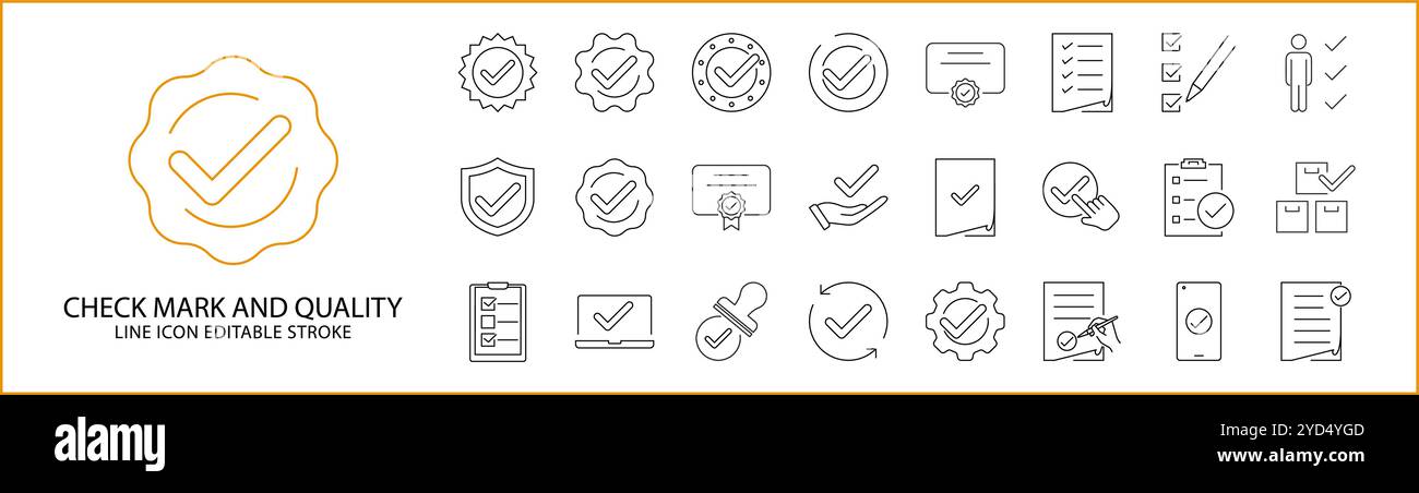 Checkmark quality product icon set. Quality control icons. vector Illustration. Editable Stroke ...