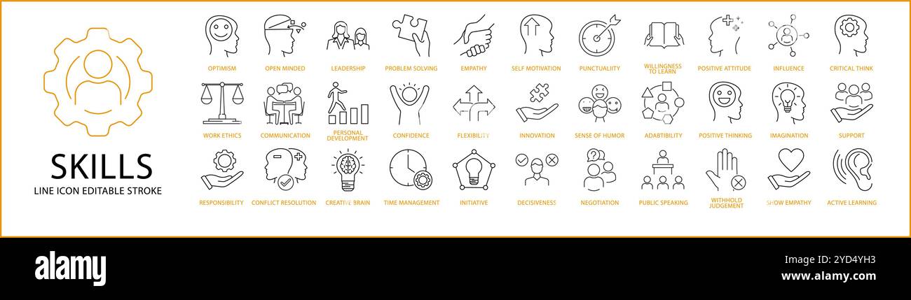Skills Icon Set In line Style. Containing responsibility, critical ...