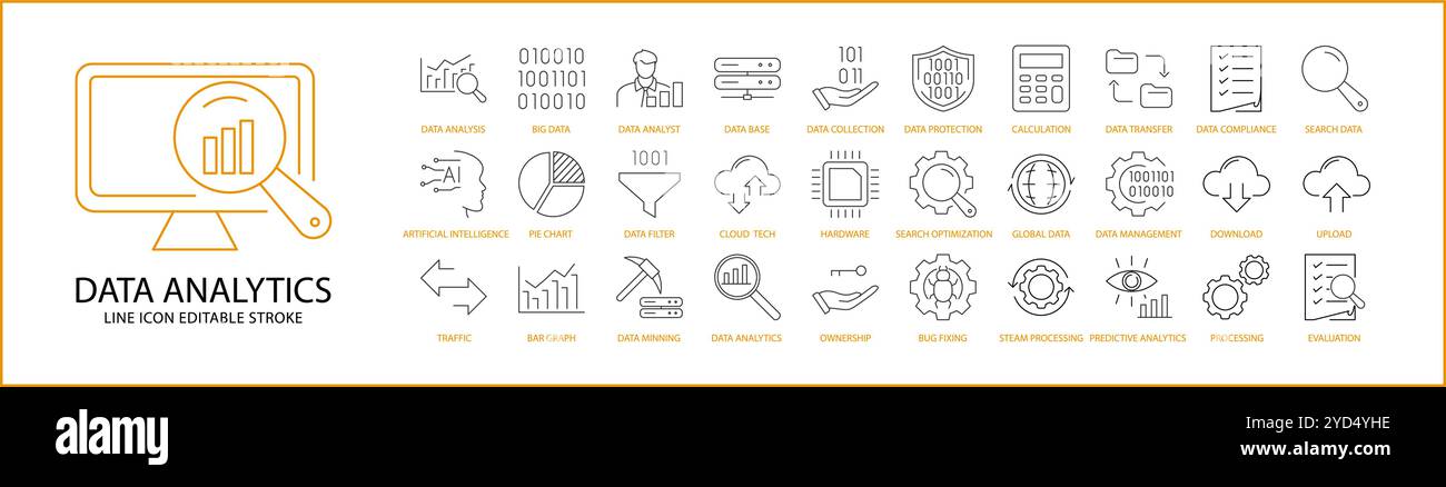 Data Analytics Icon Set In Line Style Data Analysis Icons Vector