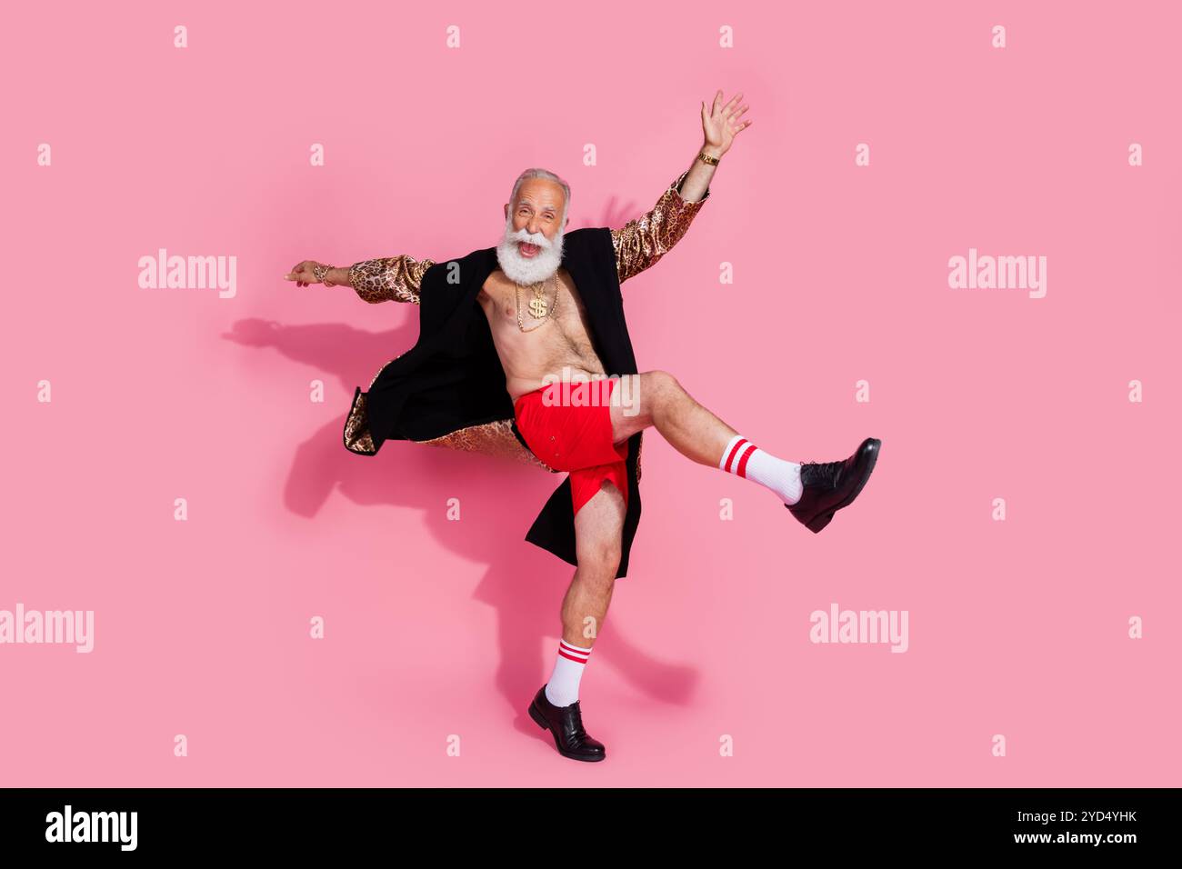 Full size photo of excited handsome boastful man dance wear leopard ...