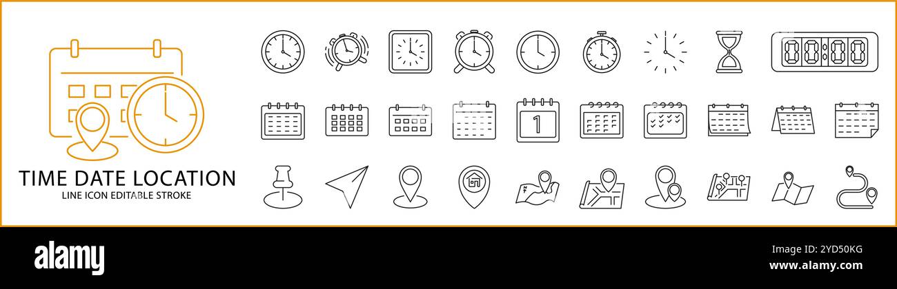 Time Date Address icons In Line Style. Containing calendar, clock, location, signs, event, map ...