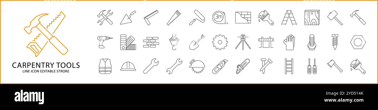 Carpentry tools Icon Set in Line Style. Canpentry Tools Icons. Vector Illustration. Editable ...