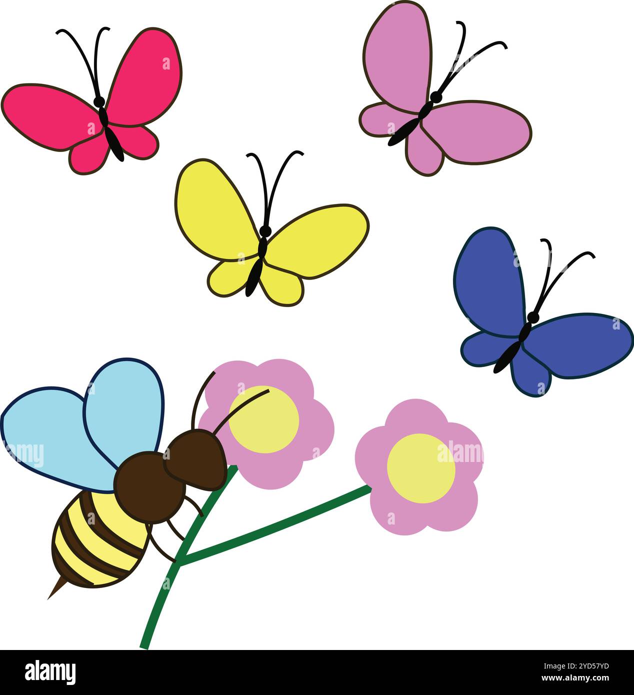 a bee on a flower and four colorful butterflies. Set of vector ...