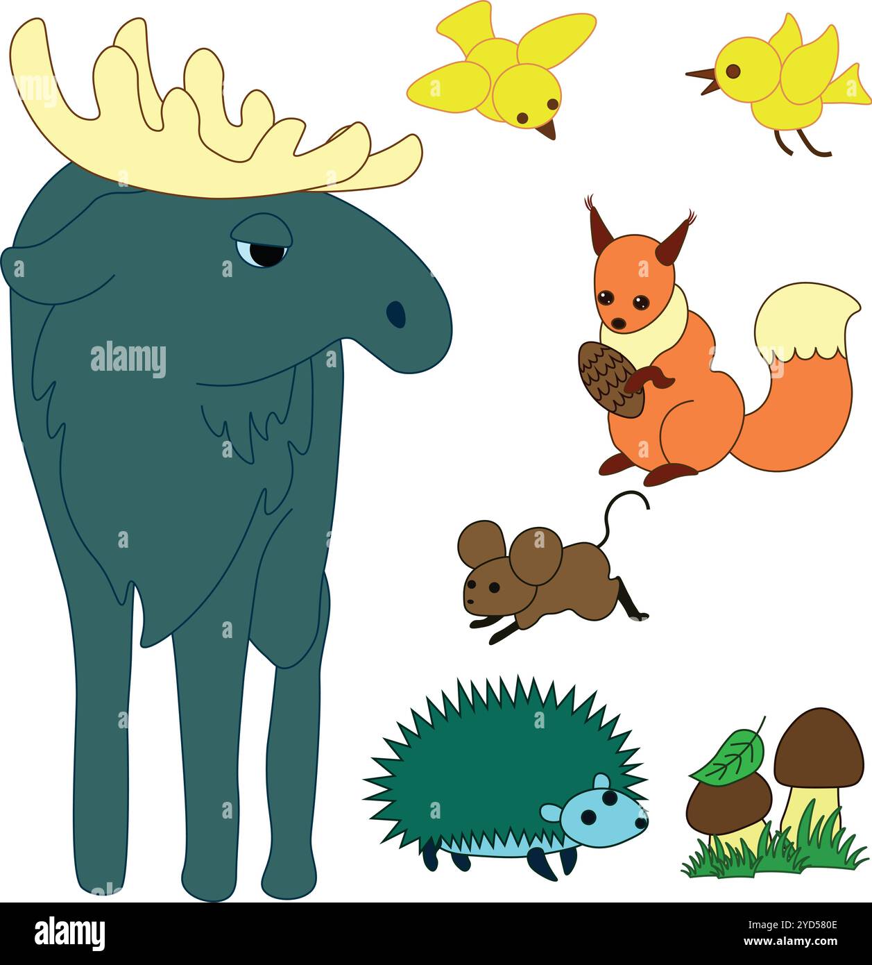 moose squirrel canary hedgehog mouse mushrooms. Set of vector ...